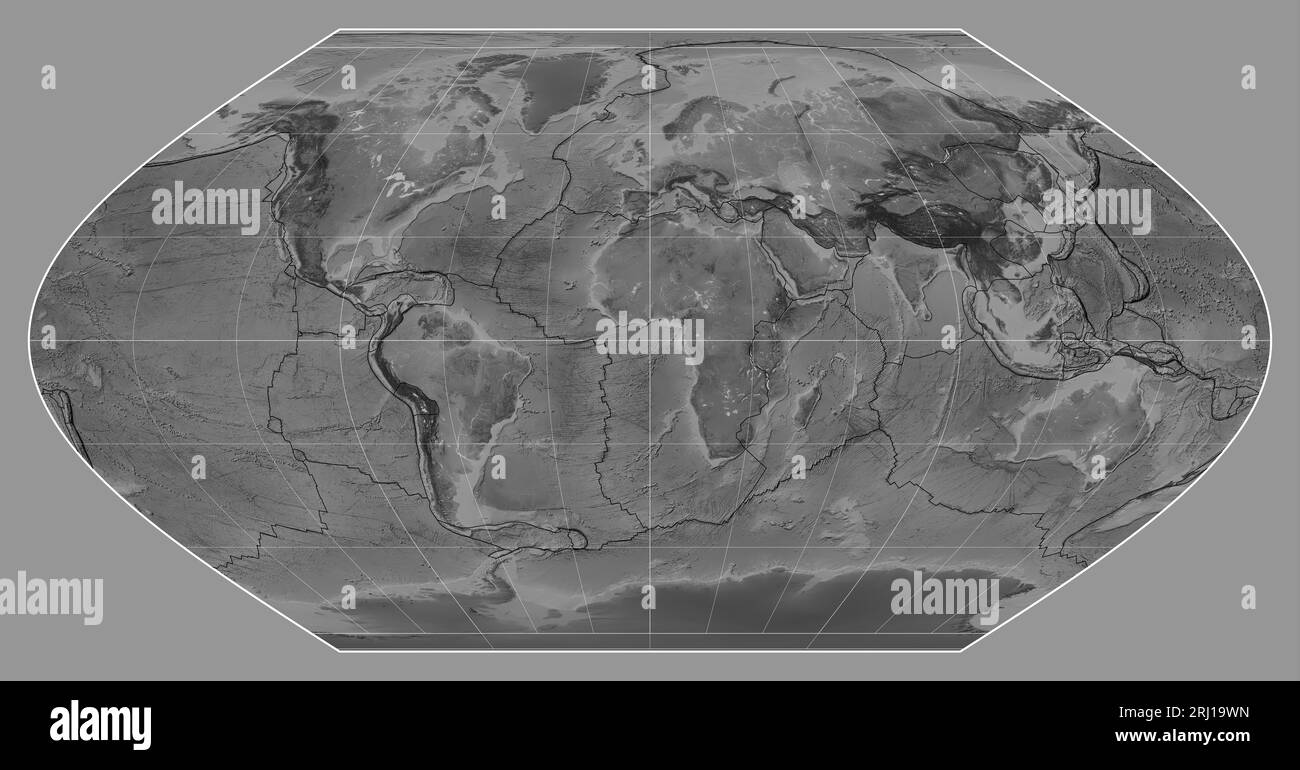Tectonic plate boundaries on a grayscale map of the world in the Winkel ...