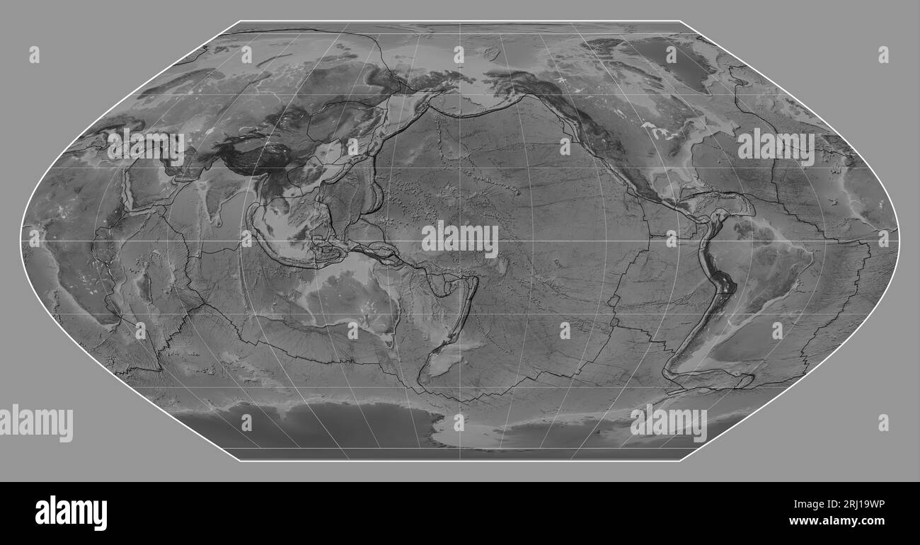 Tectonic plate boundaries on a grayscale map of the world in the Winkel ...