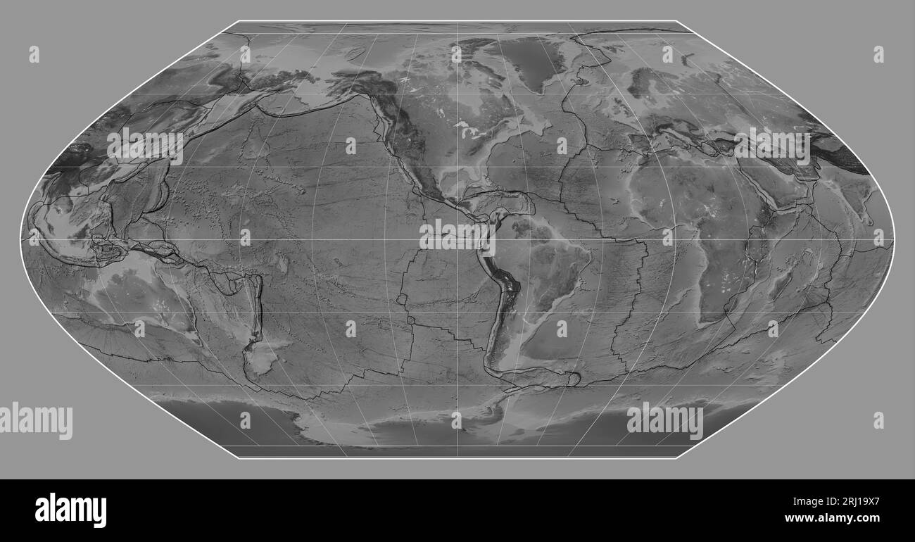 Tectonic plate boundaries on a grayscale map of the world in the Winkel ...