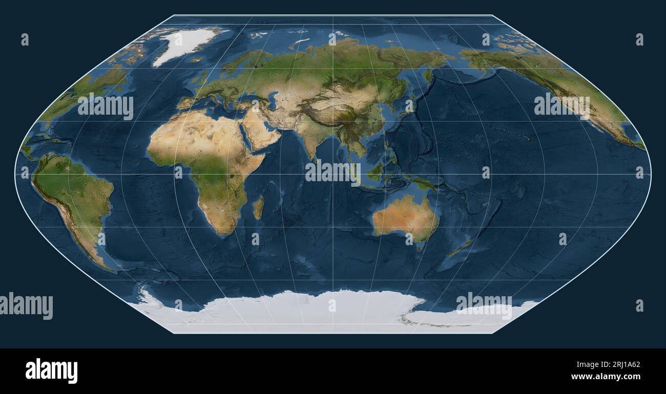 Satellite map of the world in the Winkel I projection centered on the ...
