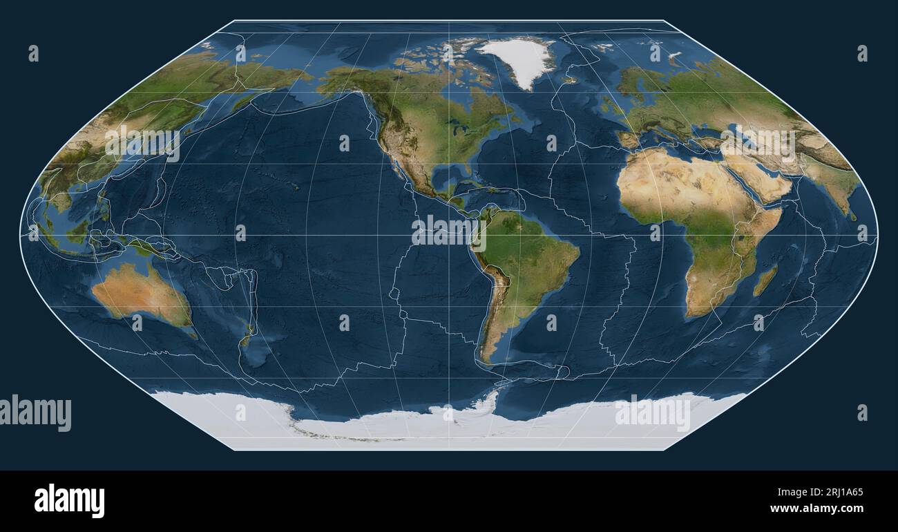 Tectonic plate boundaries on a satellite map of the world in the Winkel ...