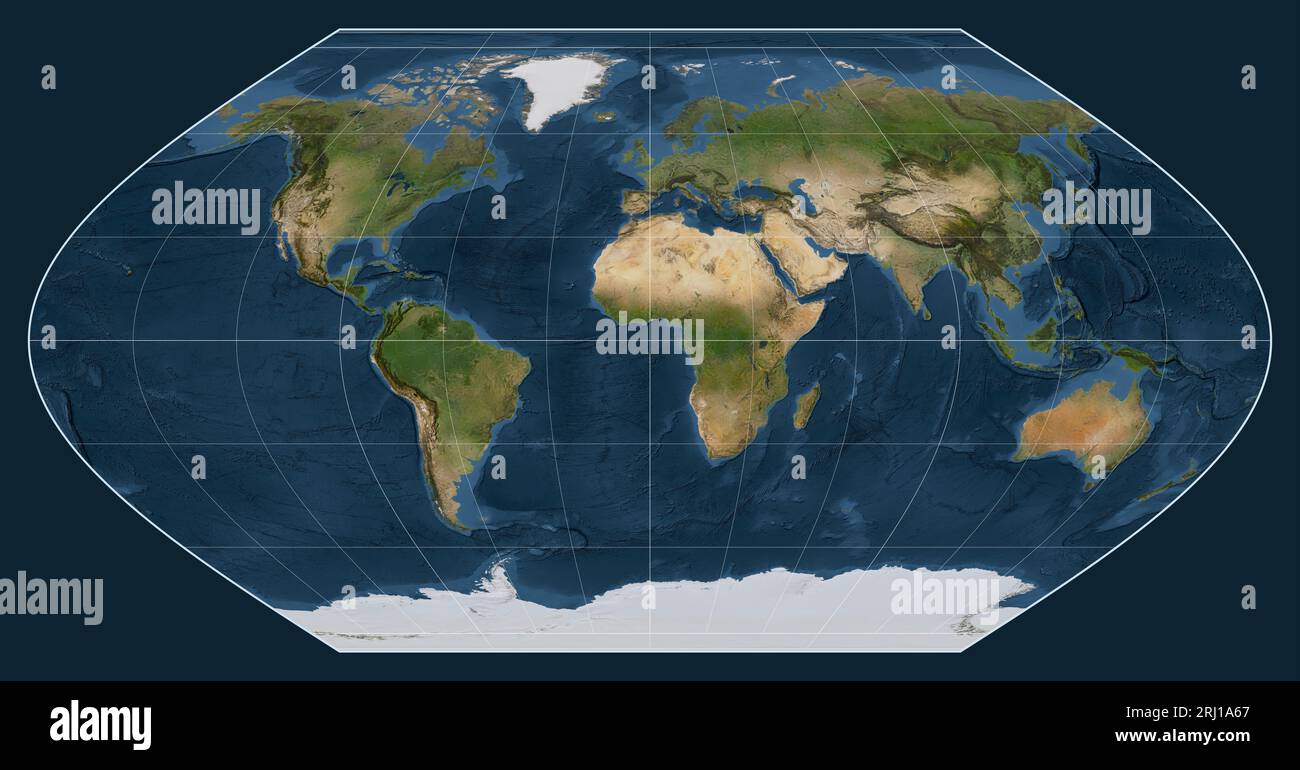 Satellite map of the world in the Winkel I projection centered on the ...