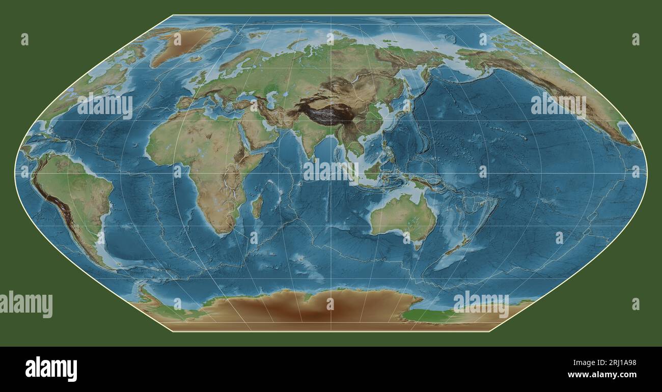 Tectonic plate boundaries on a colored elevation map of the world in ...