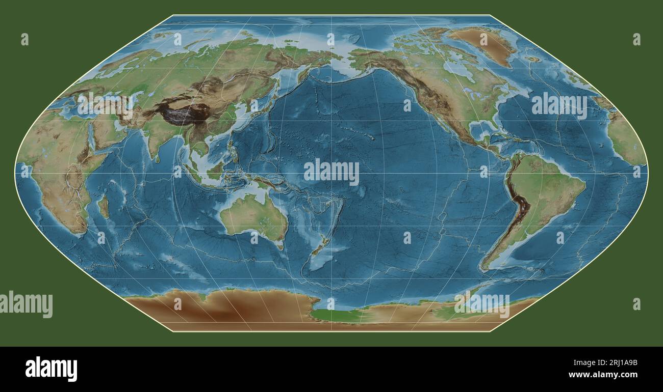 Tectonic plate boundaries on a colored elevation map of the world in ...