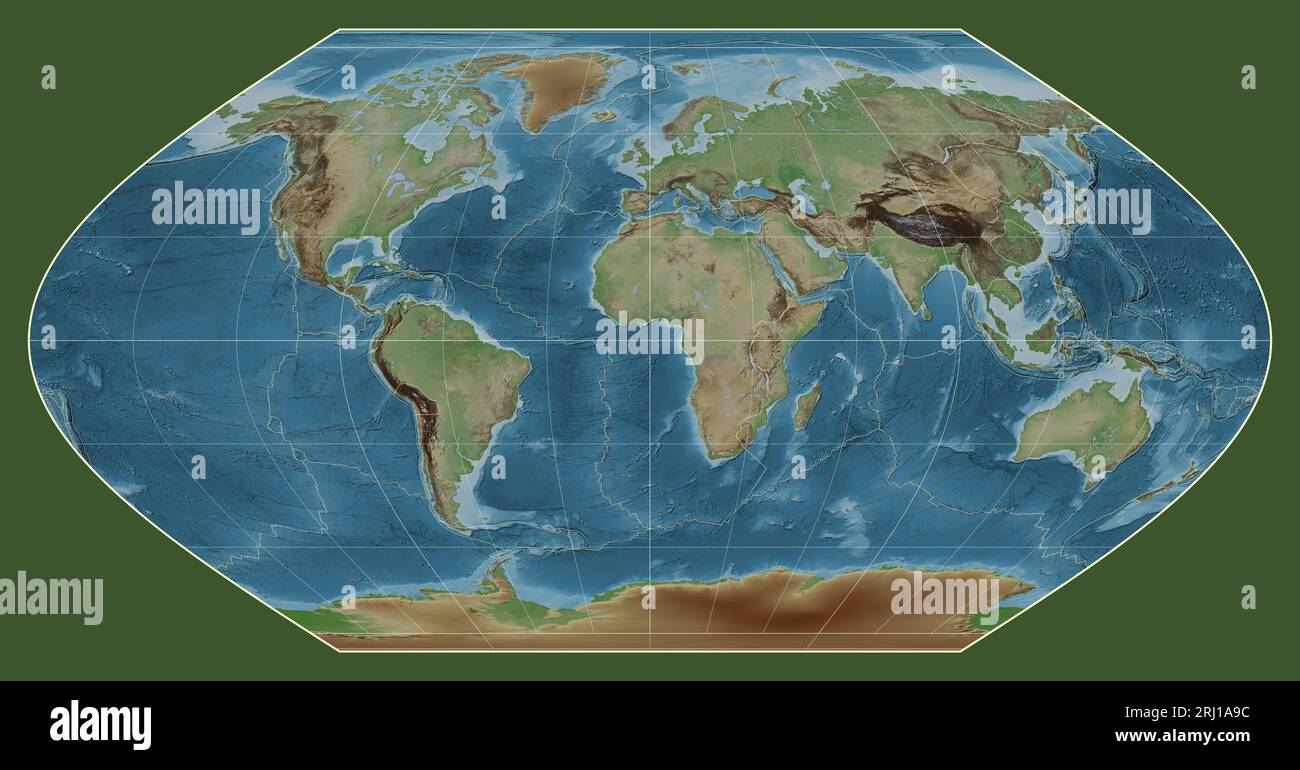 Tectonic plate boundaries on a colored elevation map of the world in ...