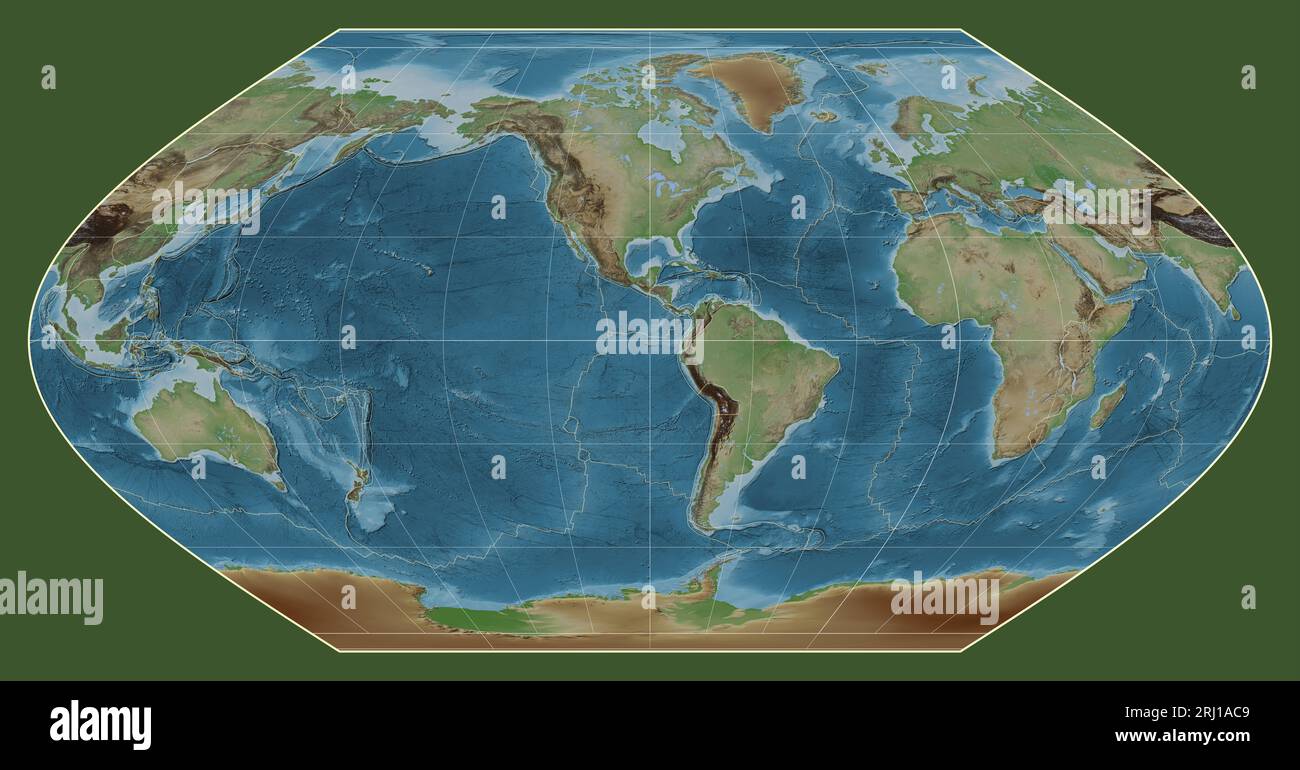 Tectonic plate boundaries on a colored elevation map of the world in ...