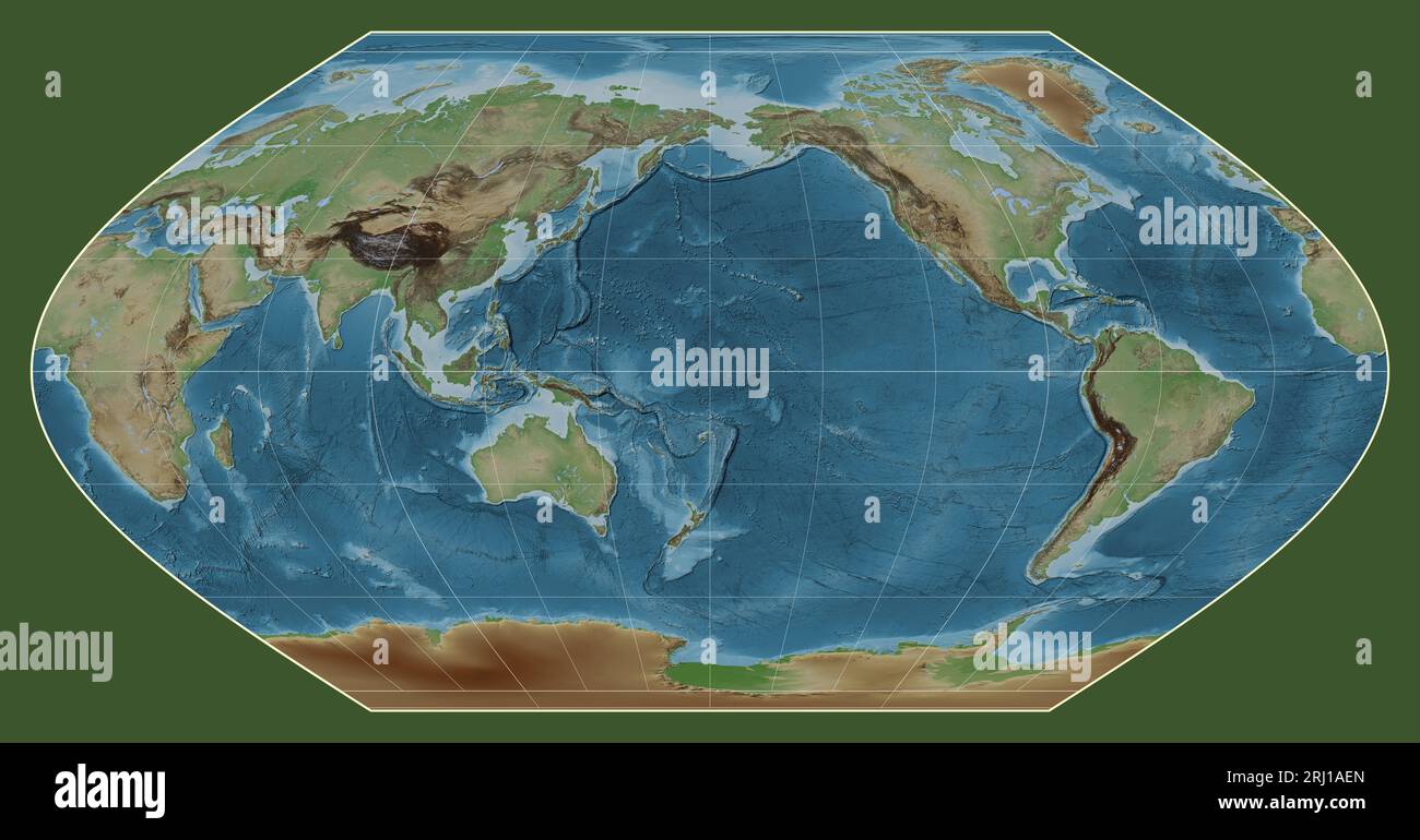 Colored elevation map of the world in the Winkel I projection centered ...