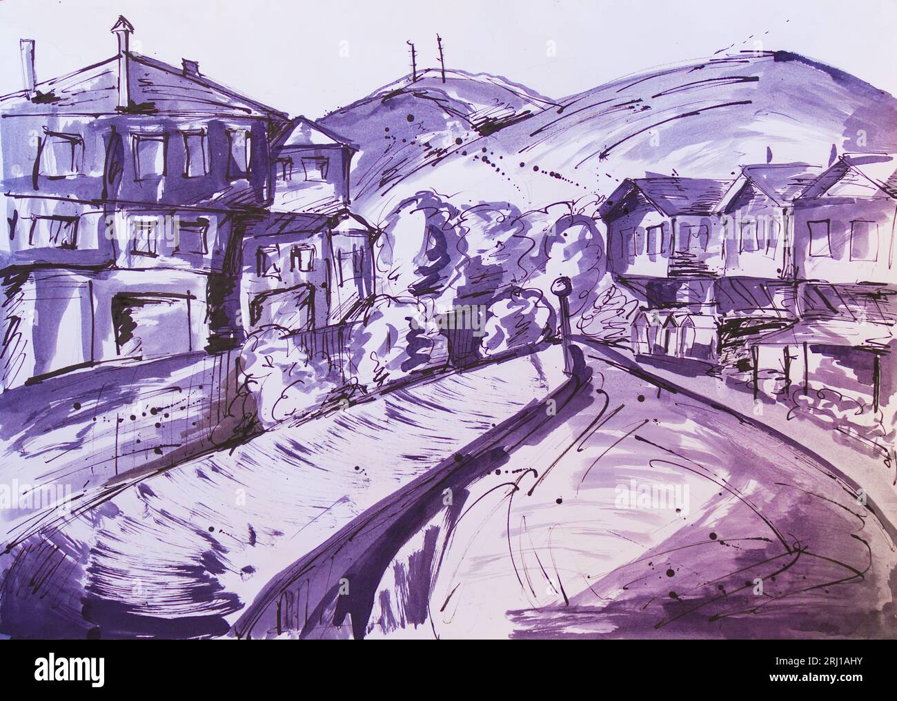 Black ink urban scene drawing Stock Photo - Alamy