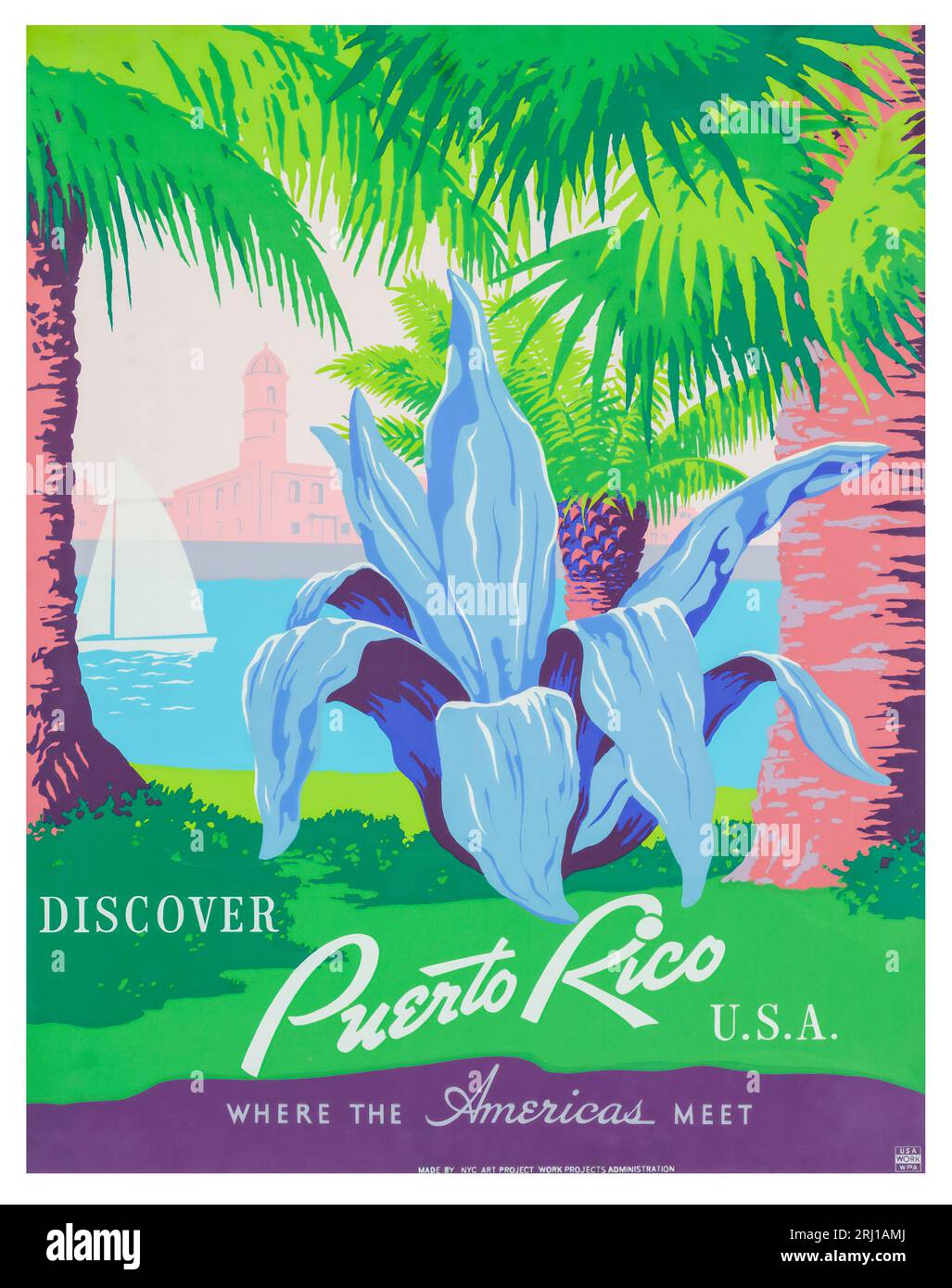 Vintage Discover Puerto Rico travel poster Stock Photo - Alamy