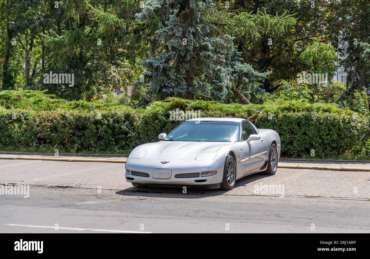 Chevrolet Corvette car silver color on the street. Poland, Warsaw ...