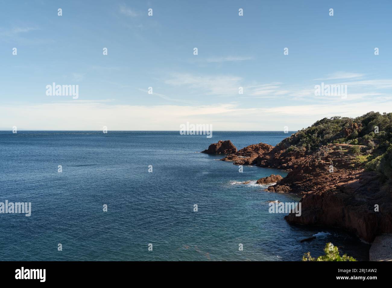 French Riviera coast with red rocks in Saint Raphael, travel content ...