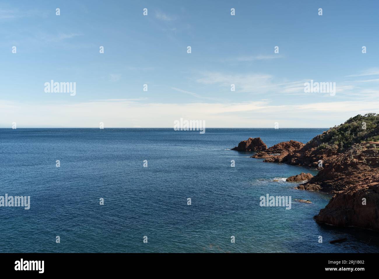 French Riviera coast with red rocks in Saint Raphael, travel content ...