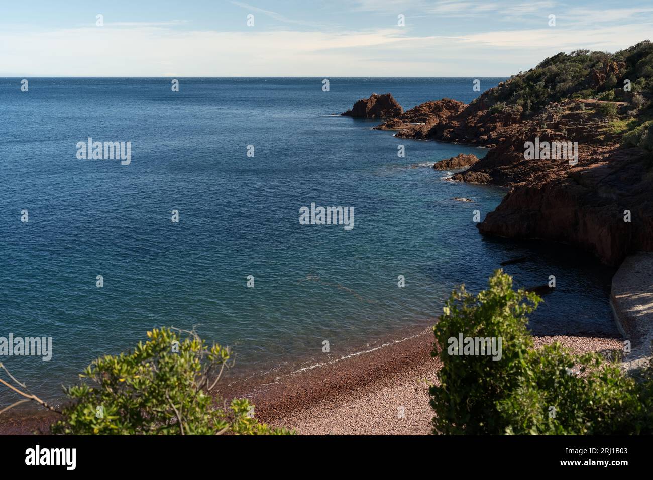 French Riviera coast with red rocks in Saint Raphael, travel content ...