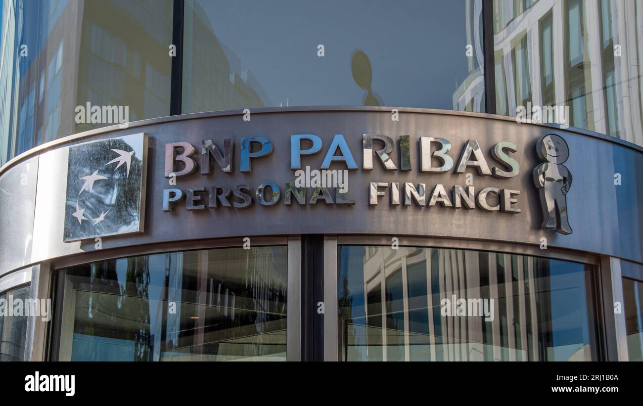 Sign at the entrance to the building of BNP Paribas Personal Finance, a ...