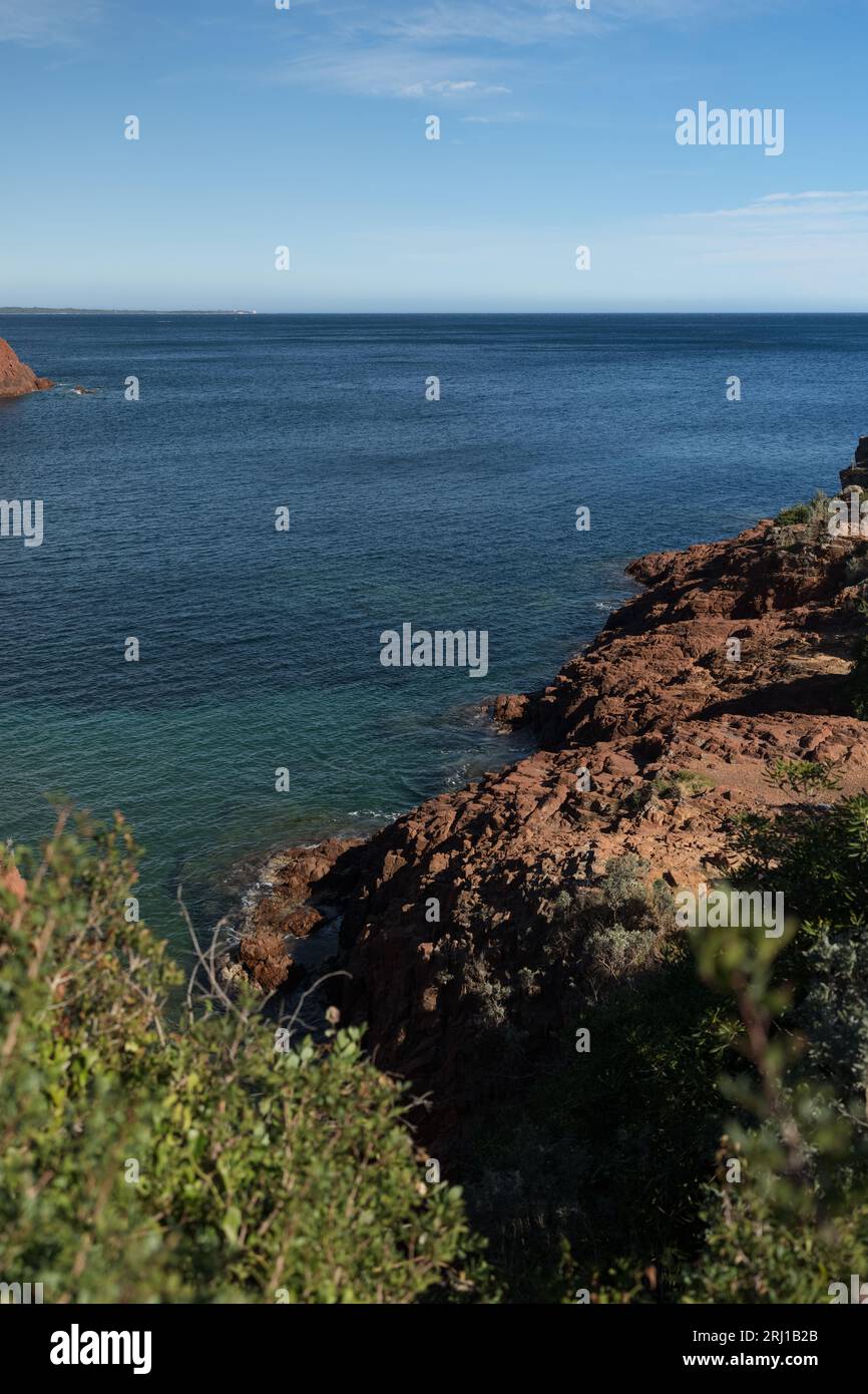 French Riviera coast with red rocks in Saint Raphael, travel content ...