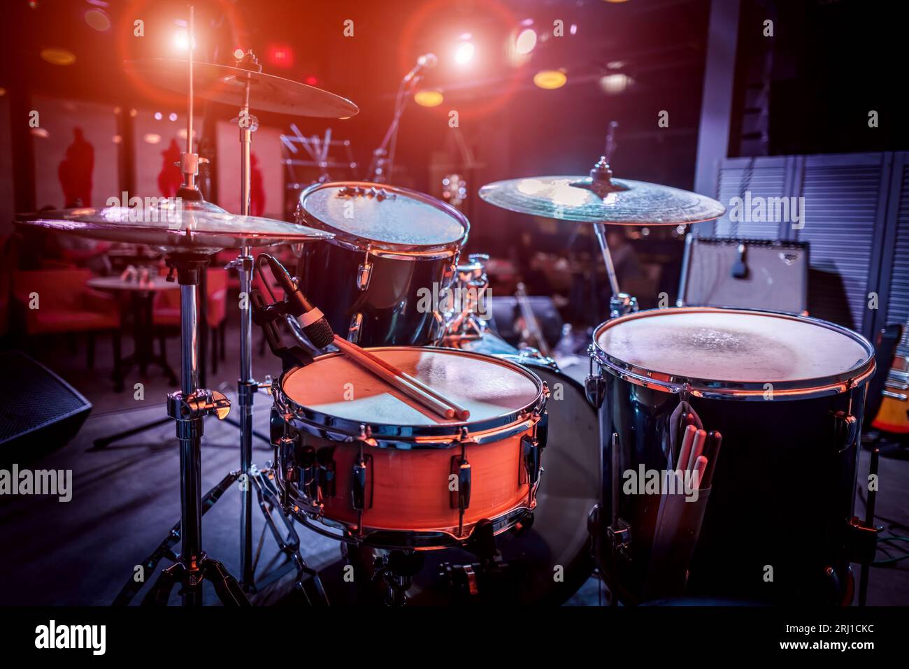Drum on stage. Rock concert stage with musical instruments in nightclub ...