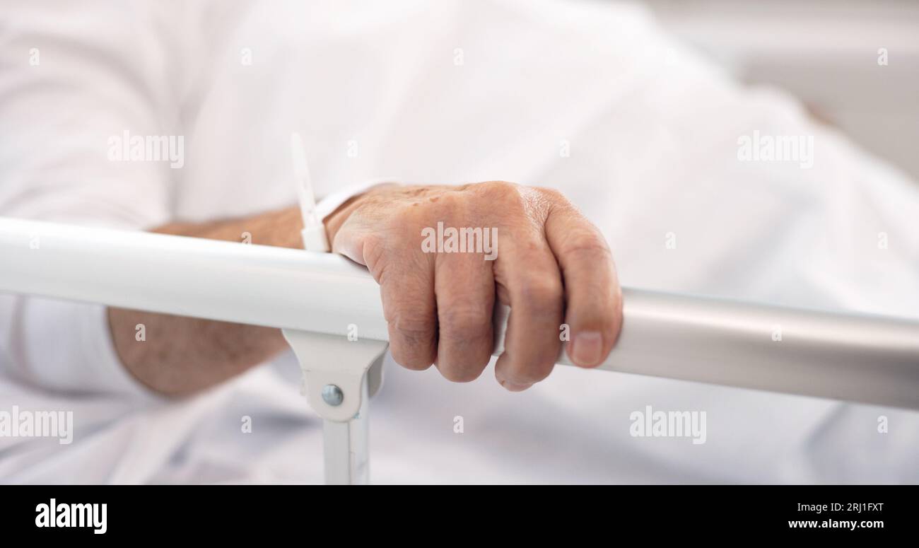 Hand on rail, patient and hospital bed for healthcare, wellness and ...