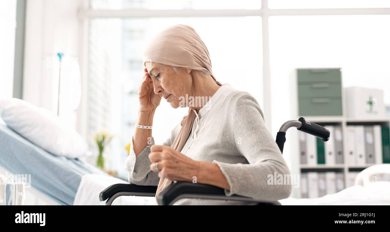 Depression, cancer and angry elderly woman at hospital in wheelchair ...