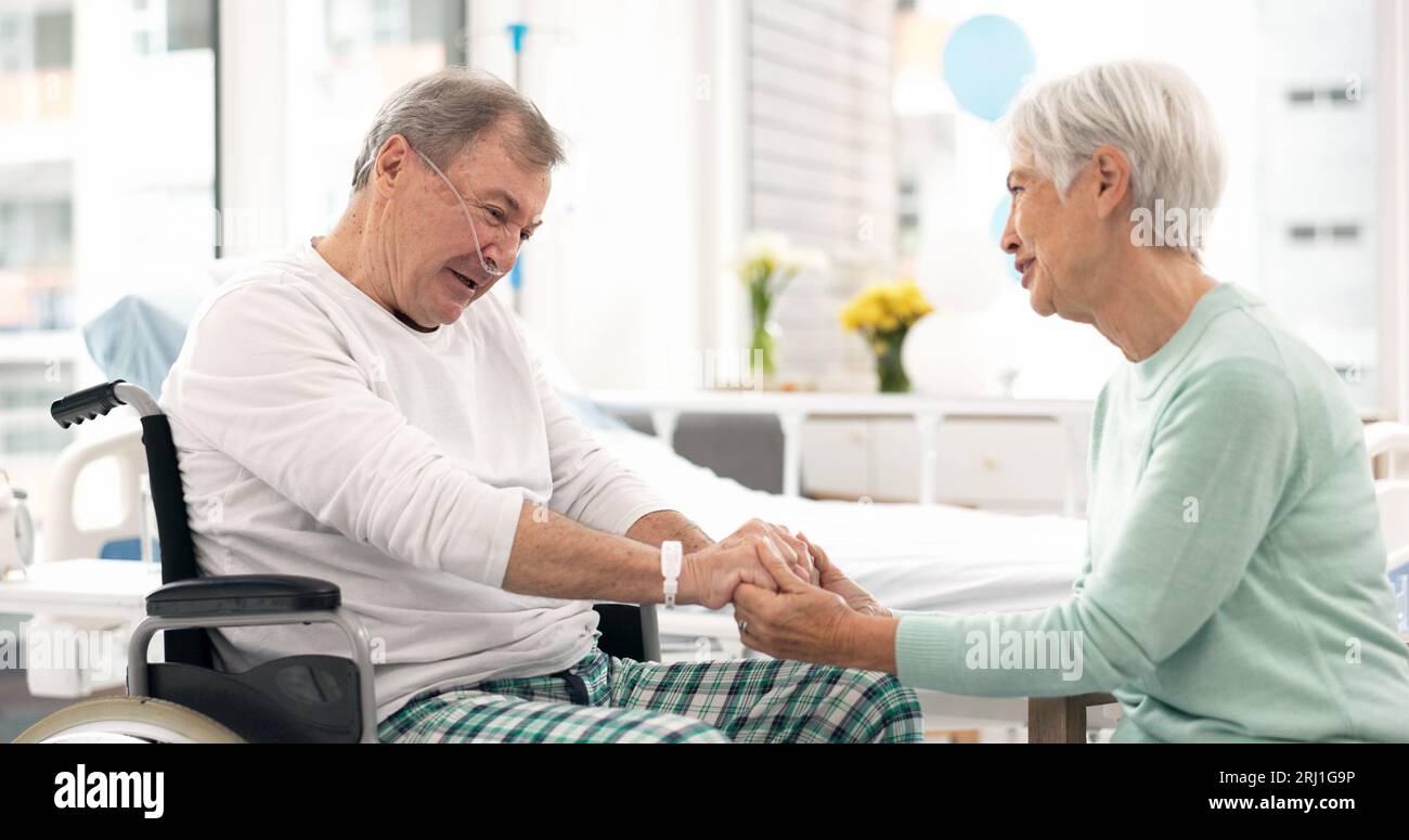 Hospital, talking and woman visit man for comfort, care and support for ...