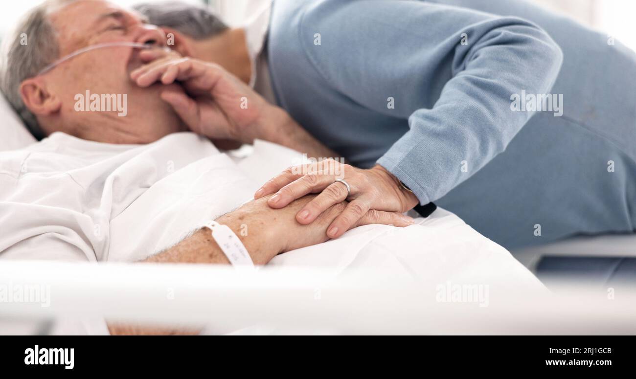 Hospital, sad or elderly couple, sick patient and hug for empathy ...