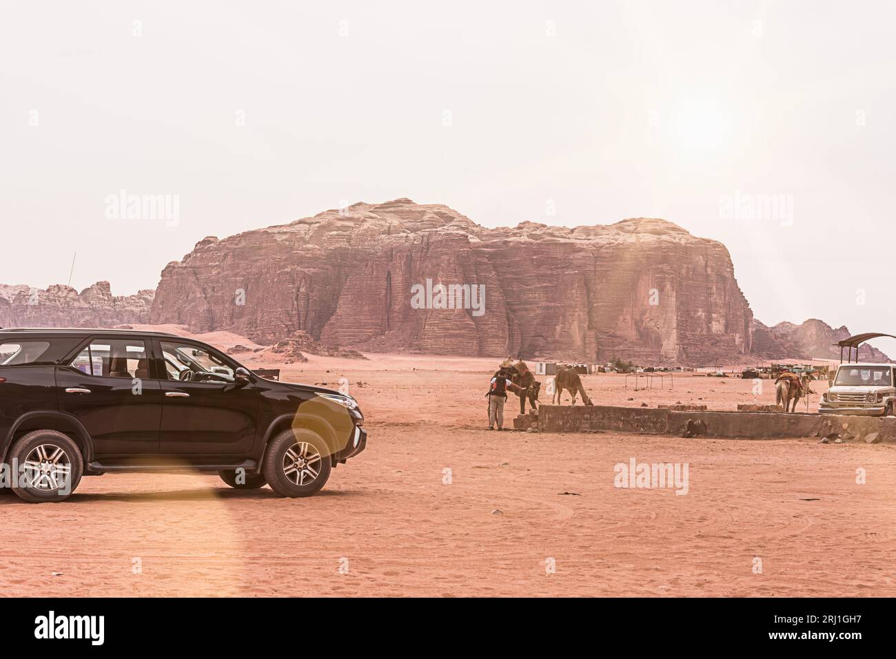 A beautiful day in the Jordanian desert of Wadi Rum. wide desert with ...