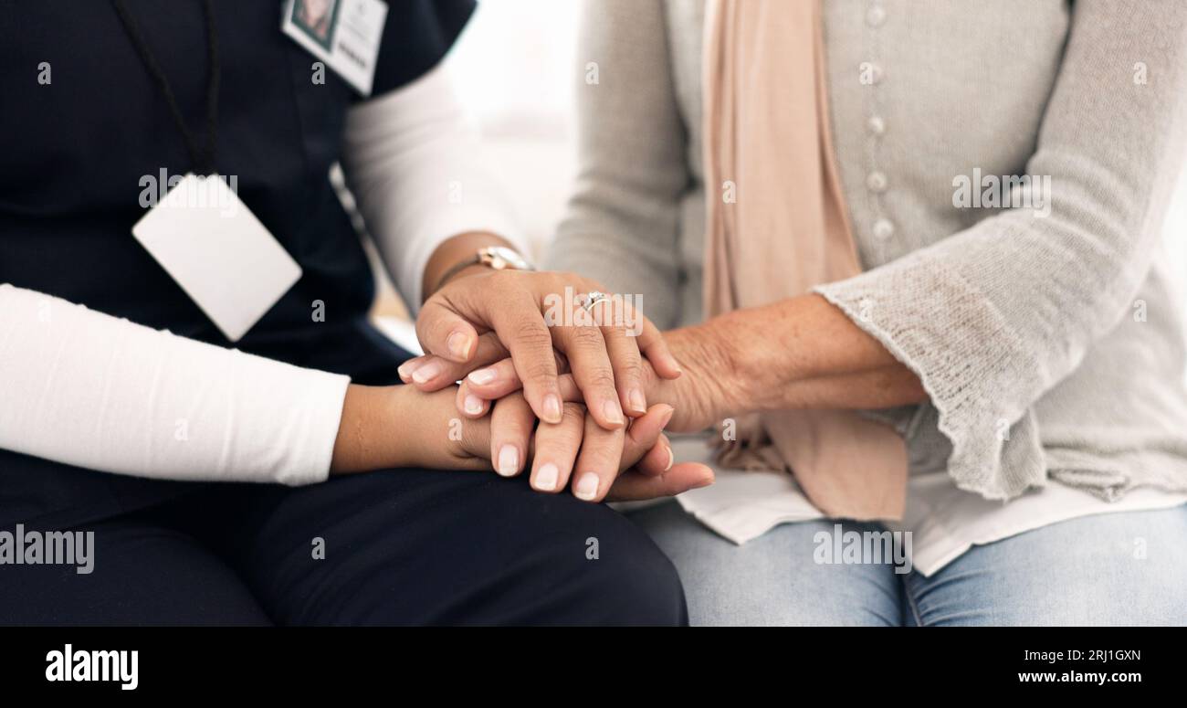 Senior person, holding hands and caregiver empathy, support and elderly ...