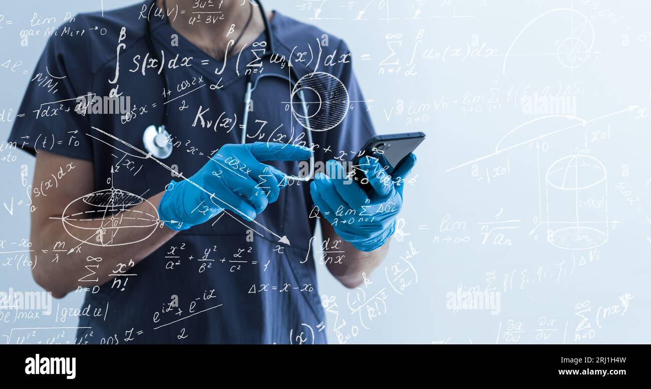 Quantitative analyst is drawing different math formulas on the glass ...