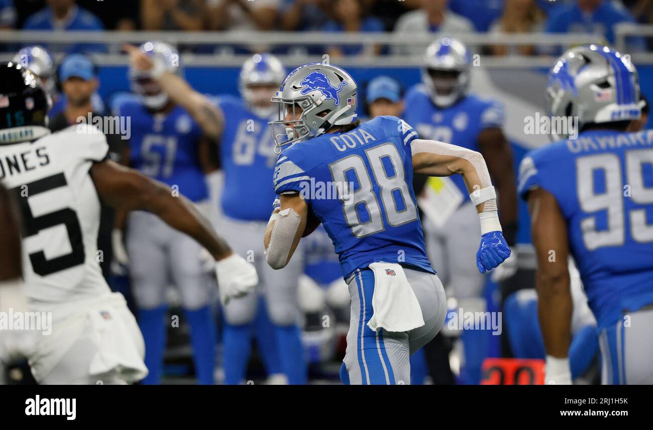 Detroit Lions wide receiver Chase Cota (88) returns a kickoff against ...