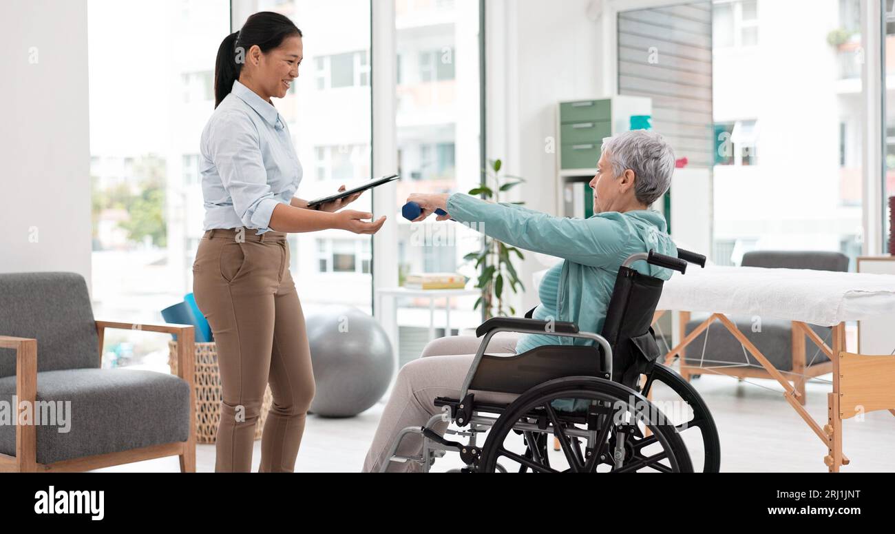 Woman with disability, physiotherapy and dumbbell exercise for ...
