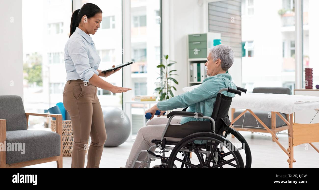 Woman with disability, physiotherapy and dumbbell rehabilitation of ...