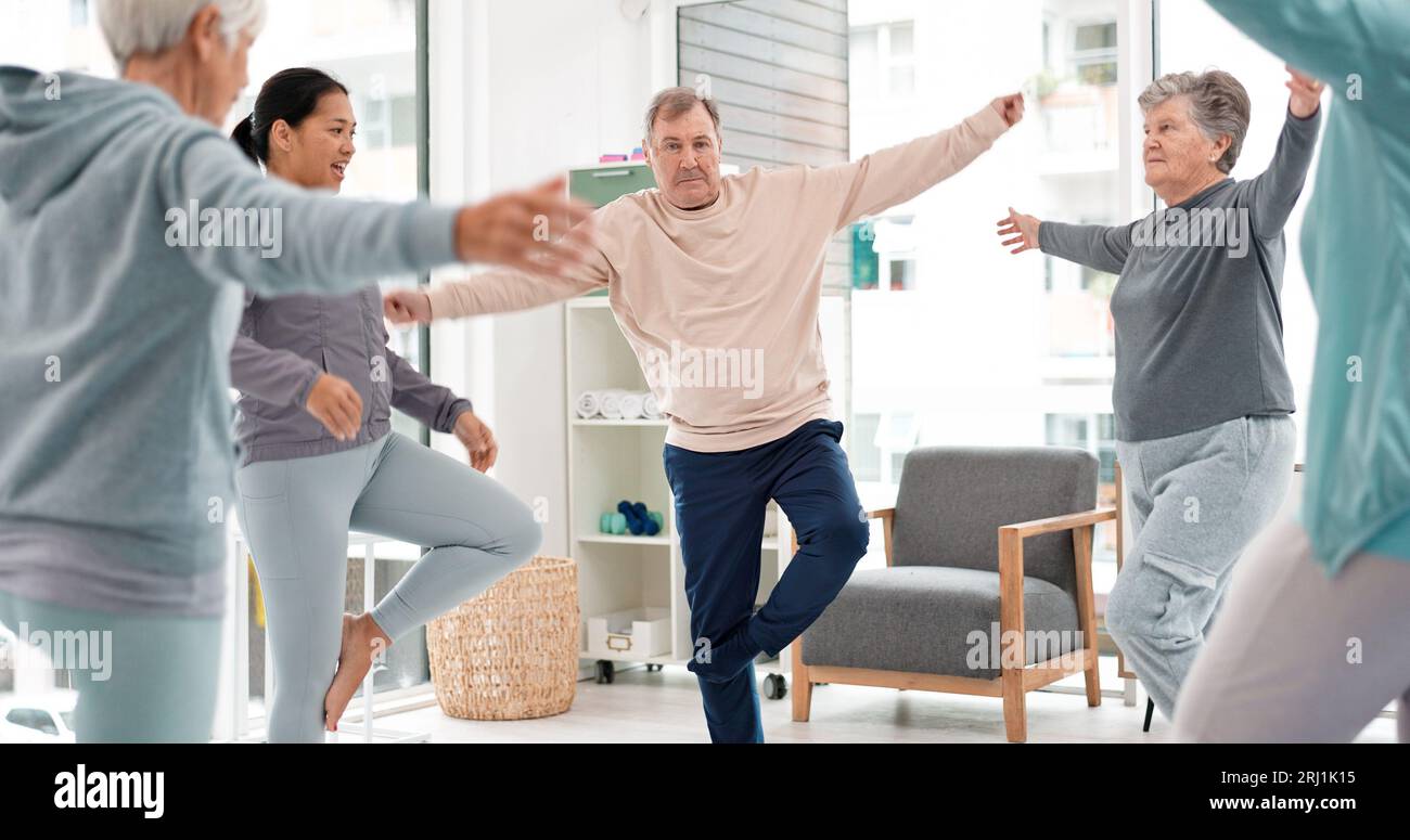 Old people in yoga class, fitness and stretching with happiness ...