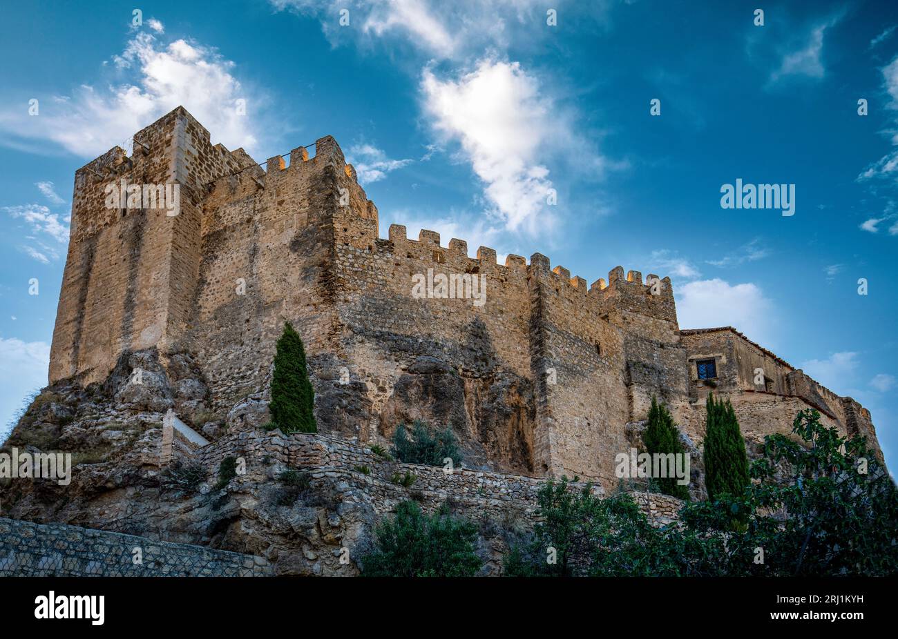 View of the medieval castle on the rock of Yeste, Albacete, Spain, with ...