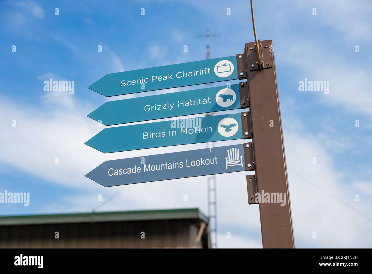 View of a directional sign atop Grouse Mountain indicating paths to the ...