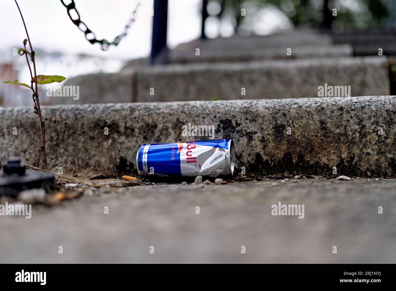 Manchester UK 6 Aug 2023 can of Red Bull energy drink dropped on the ...