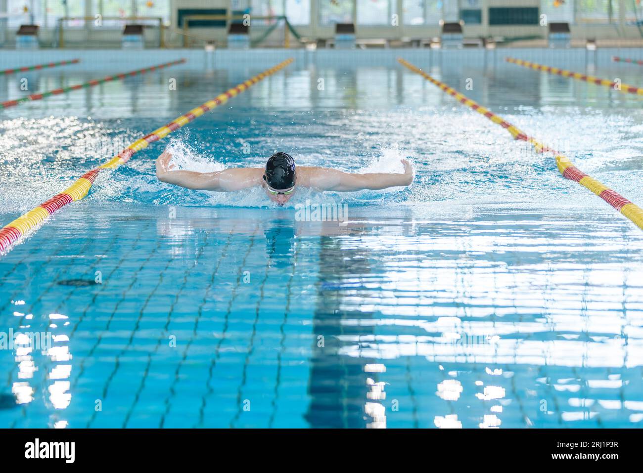 Professional male swimmer performing butterfly style in the indoor lap ...