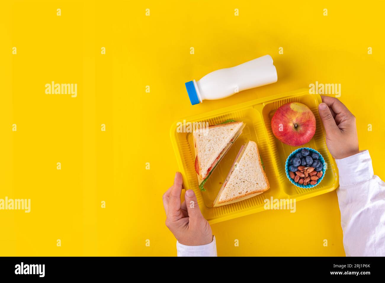 Healthy school meal, children packed lunch box with fruit, berry, nuts ...