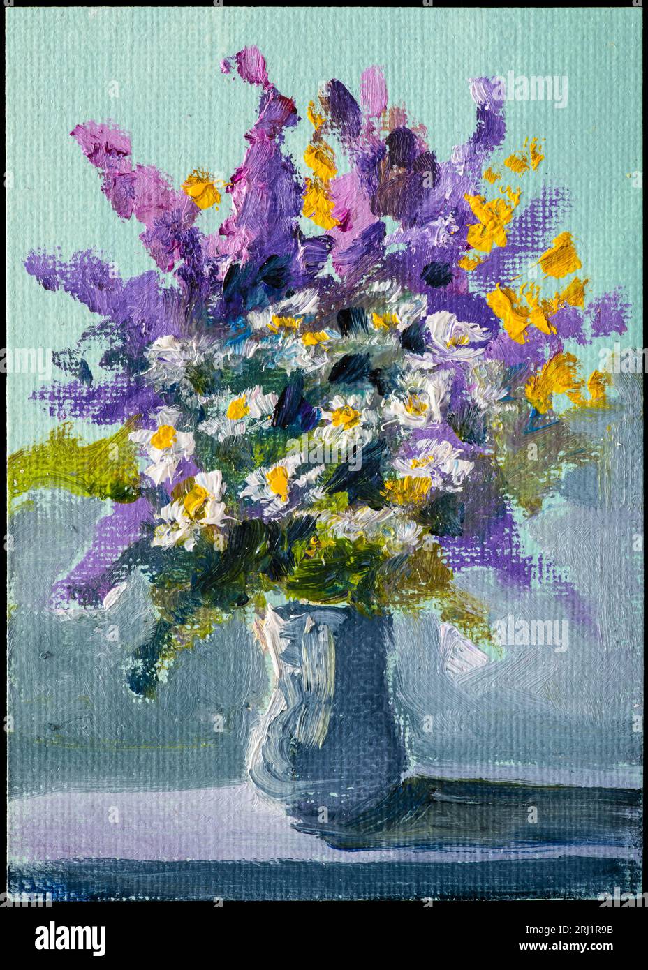 Floral still life oil painting depicting a bouquet of a purple lilacs ...