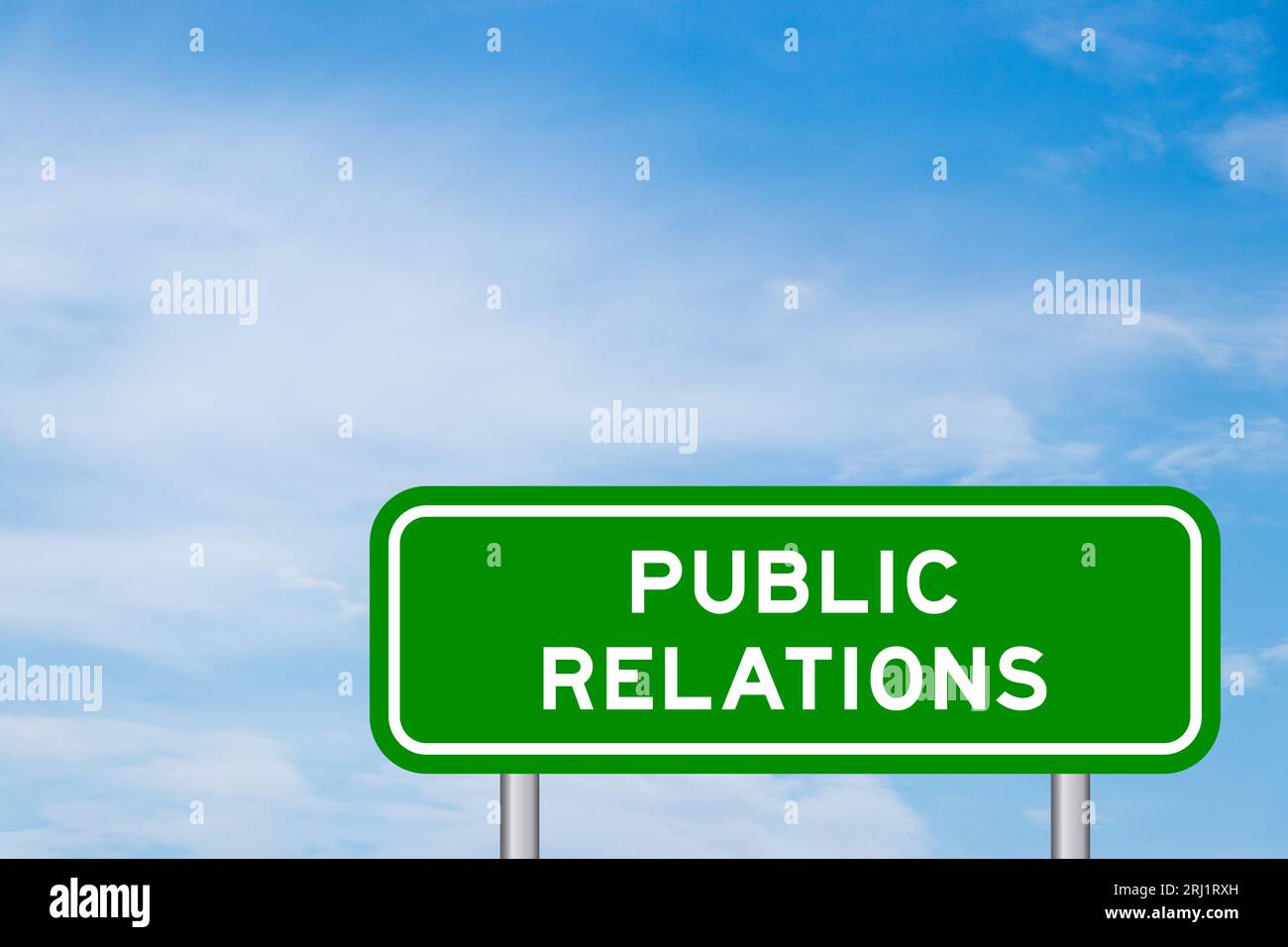 Green color transportation sign with word public relations on blue sky ...