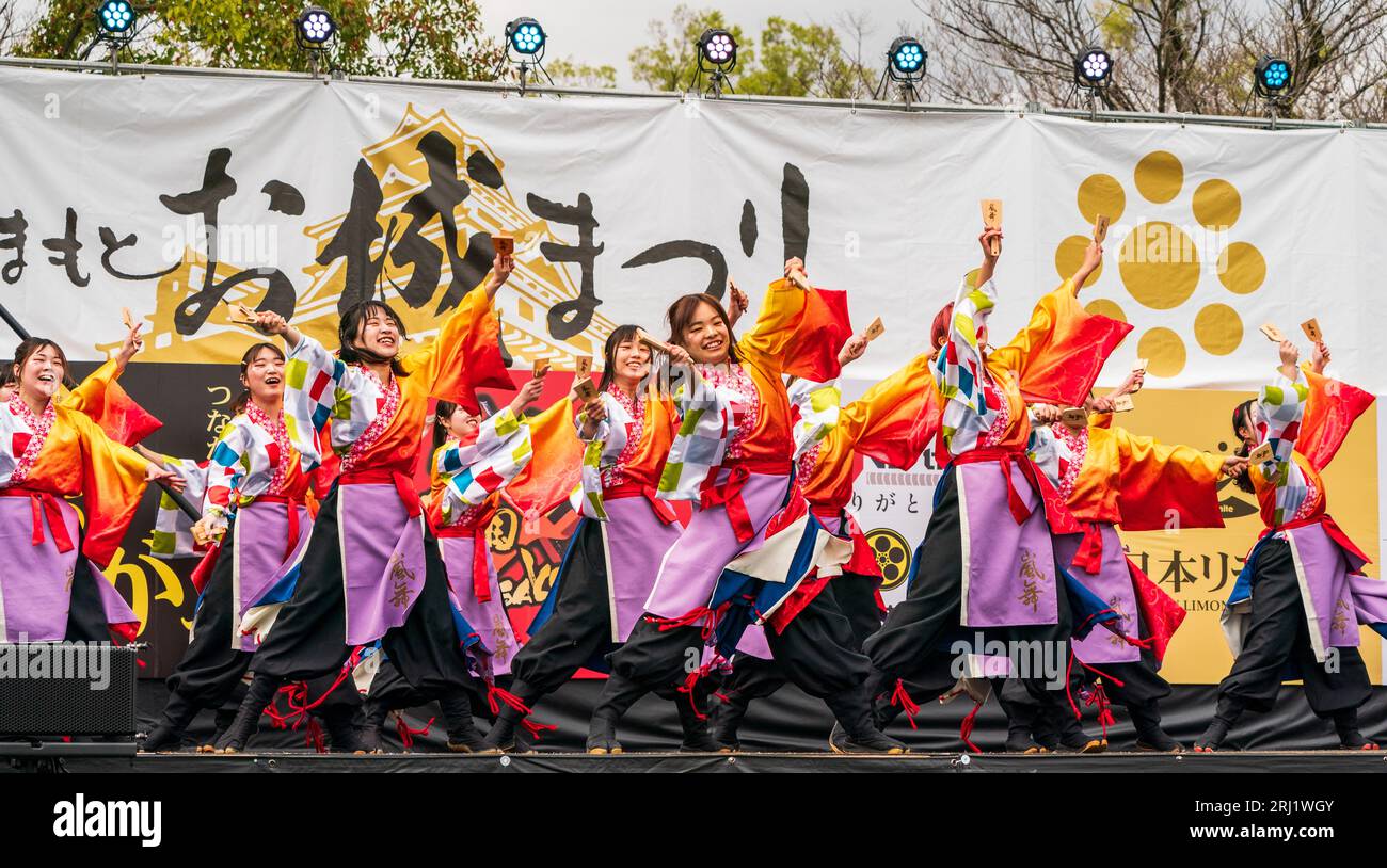 Japanese teenage women Yosakoi dance team in yukata on an open-air ...