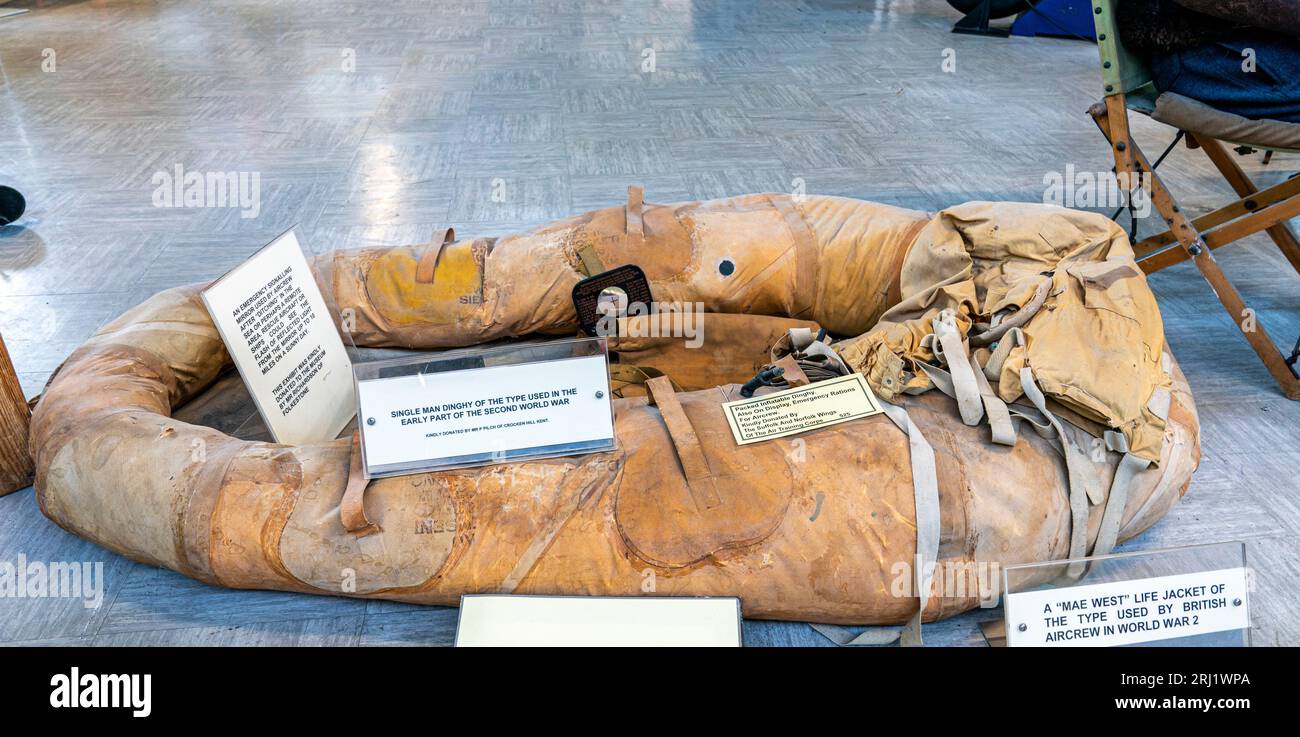 Single man rubber dinghy and Mae West used by the RAF for its pilots in ...
