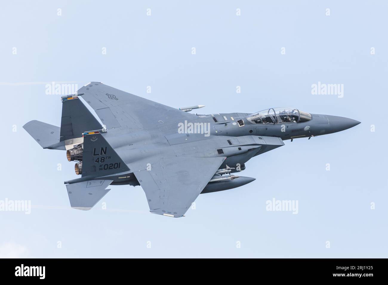 An F-15E Strike Eagle showing the markings representing the three ...