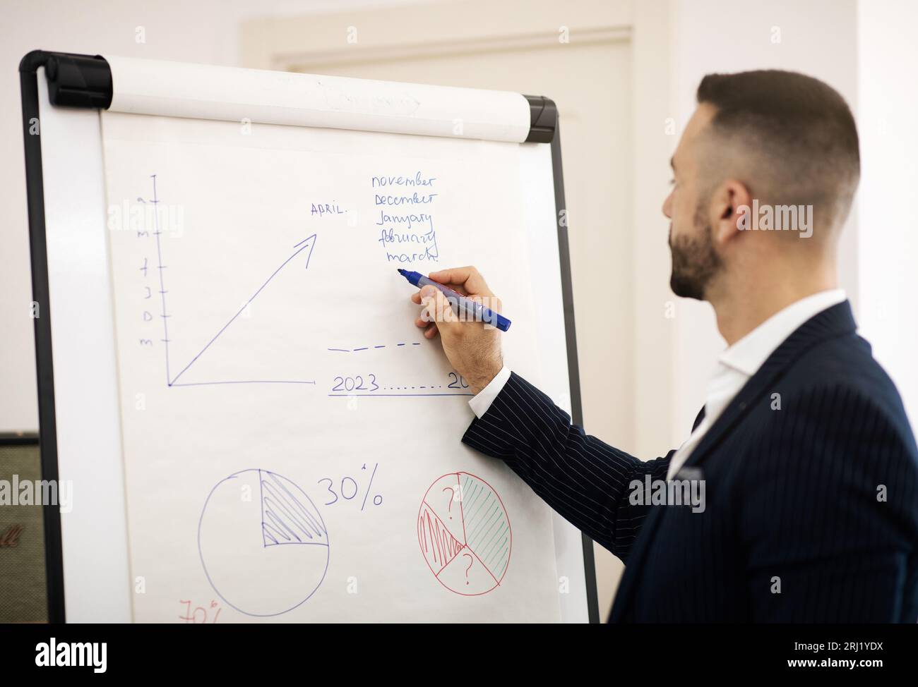 Concentrated caucasian mature guy in suit writes graphs and charts on ...