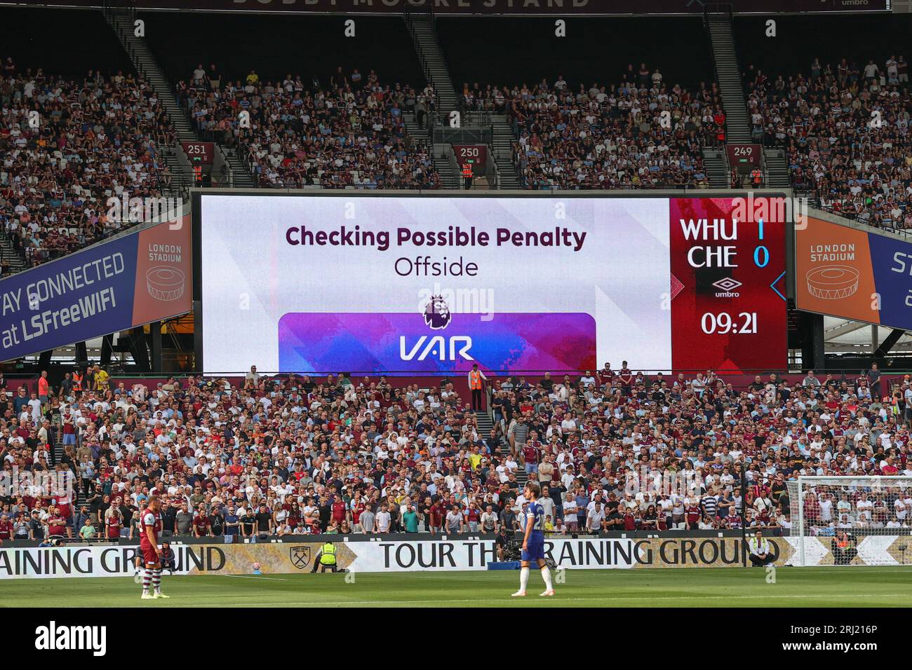 VAR checks for offside during the Premier League match West Ham United ...