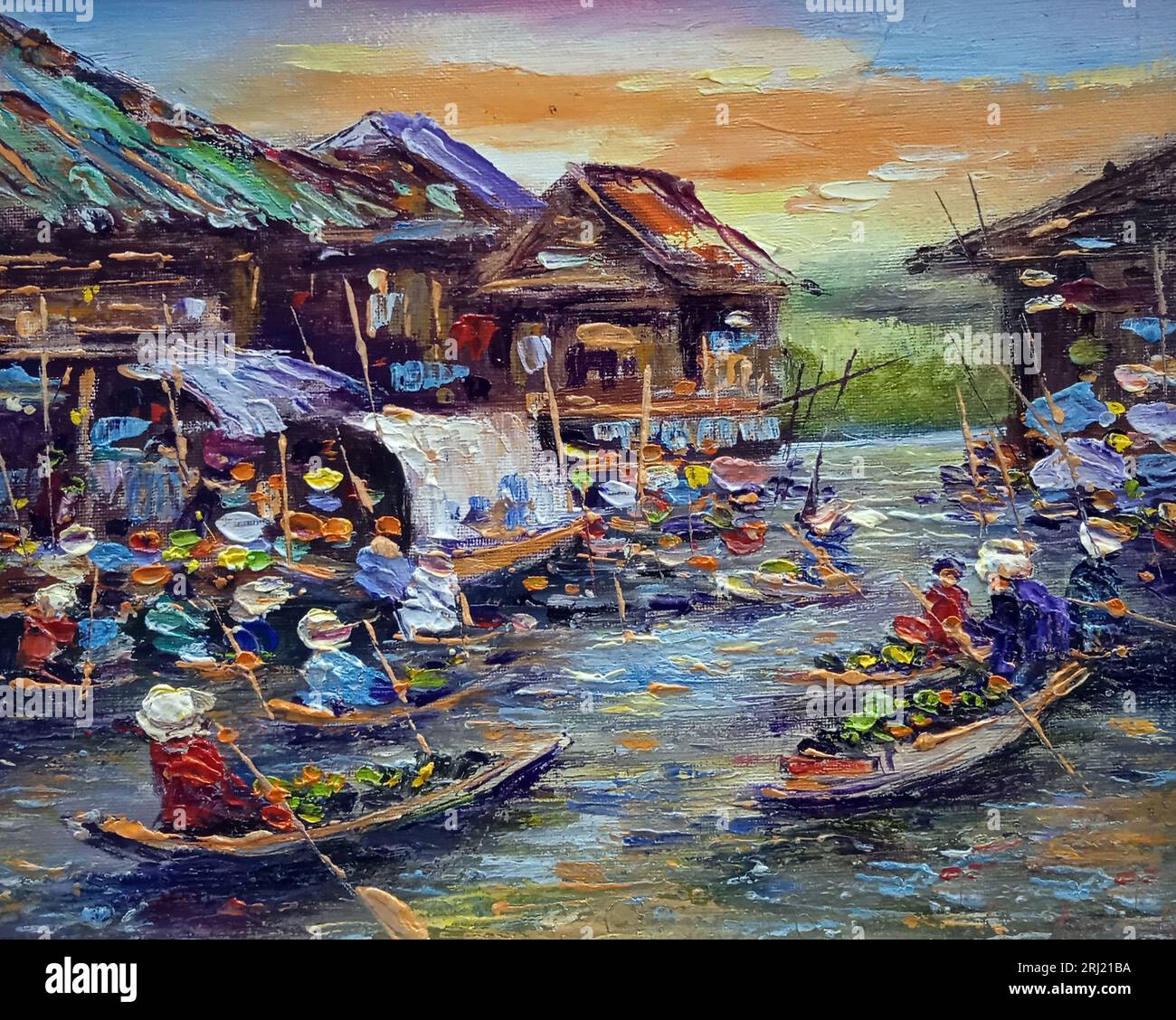 Art painting Oil color dumnoen saduak floating market at Thailand Stock ...