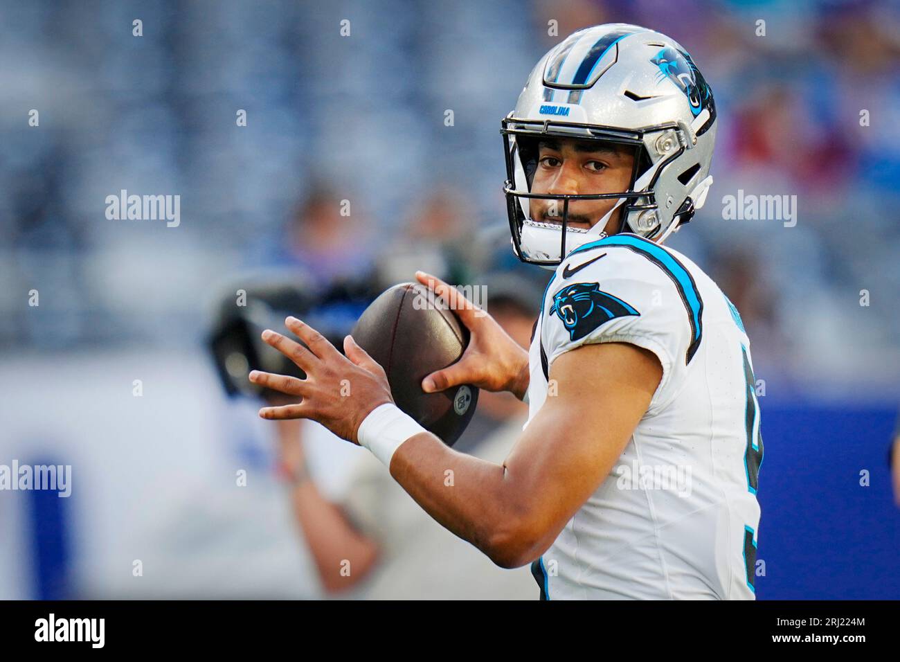 Carolina Panthers quarterback Bryce Young (9) warms cup before an NFL ...
