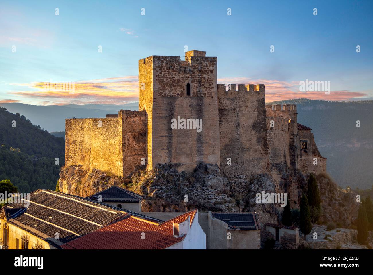 View of the medieval castle on rock of Yeste, Albacete, Spain, early in ...