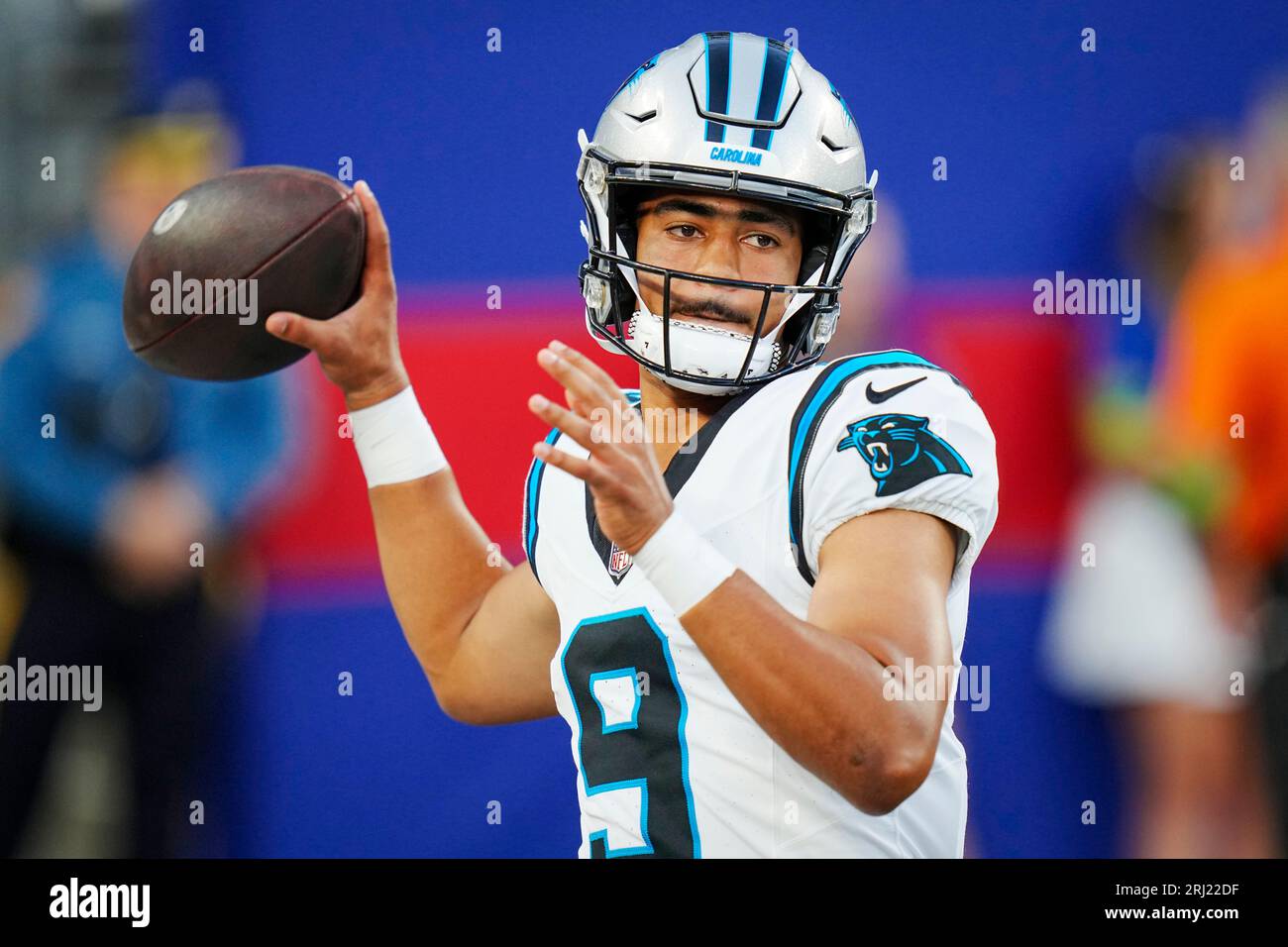 Carolina Panthers quarterback Bryce Young (9) passes during an NFL pre ...