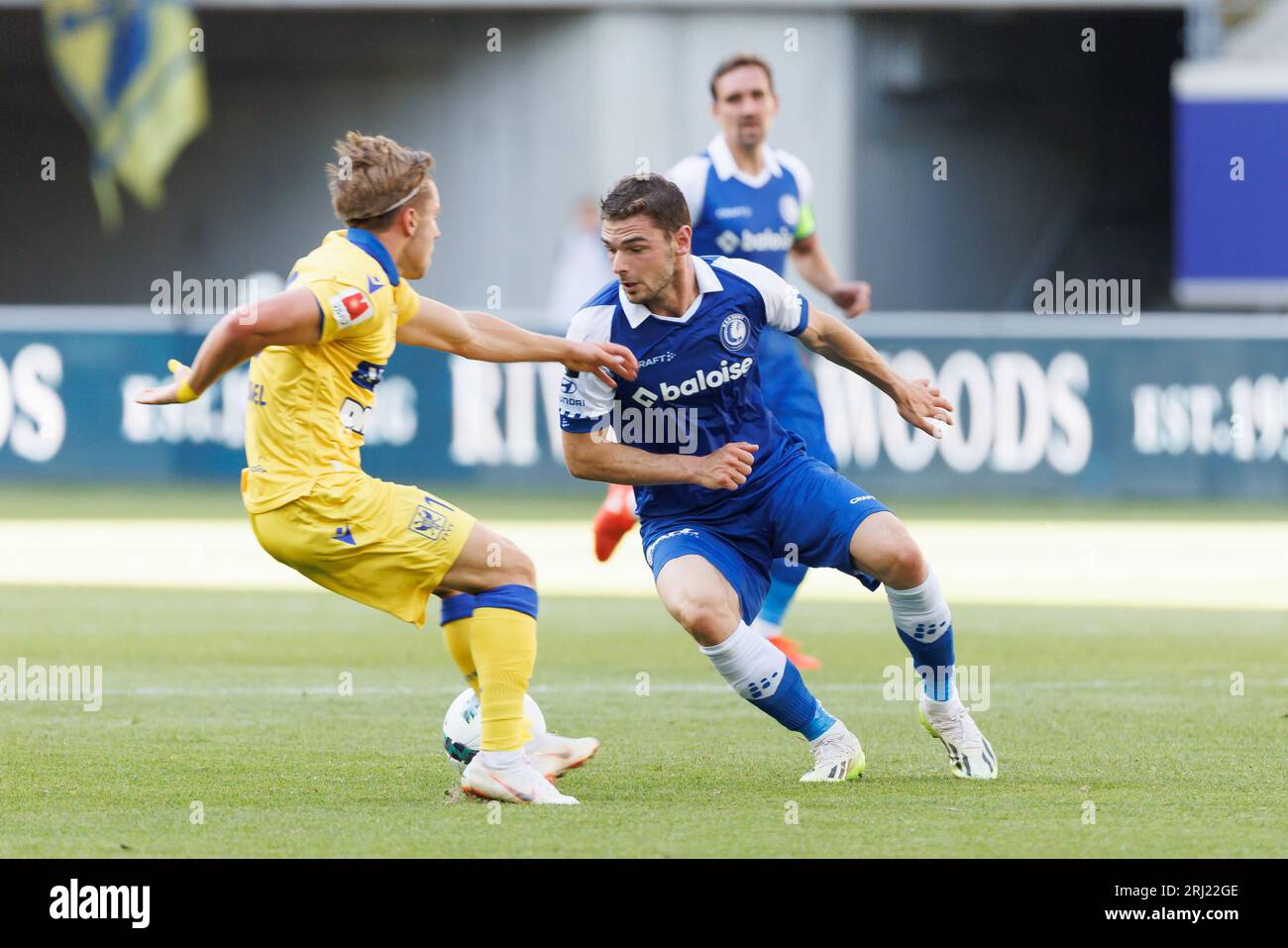 Gent, Belgium. 20th Aug, 2023. STVV's Matte Smets and Gent's Hugo ...