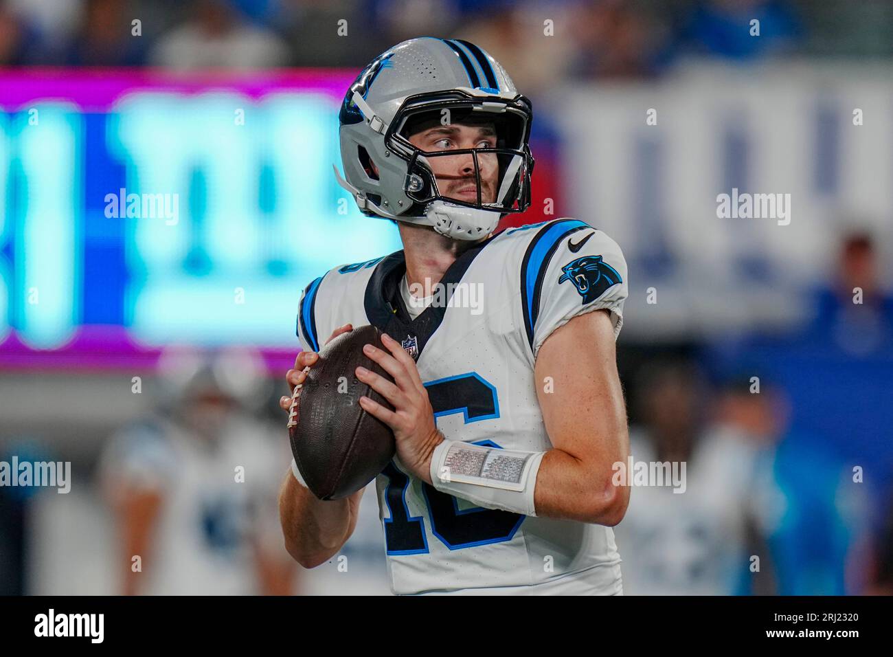 Carolina Panthers quarterback Jake Luton (16) passes during an NFL pre ...