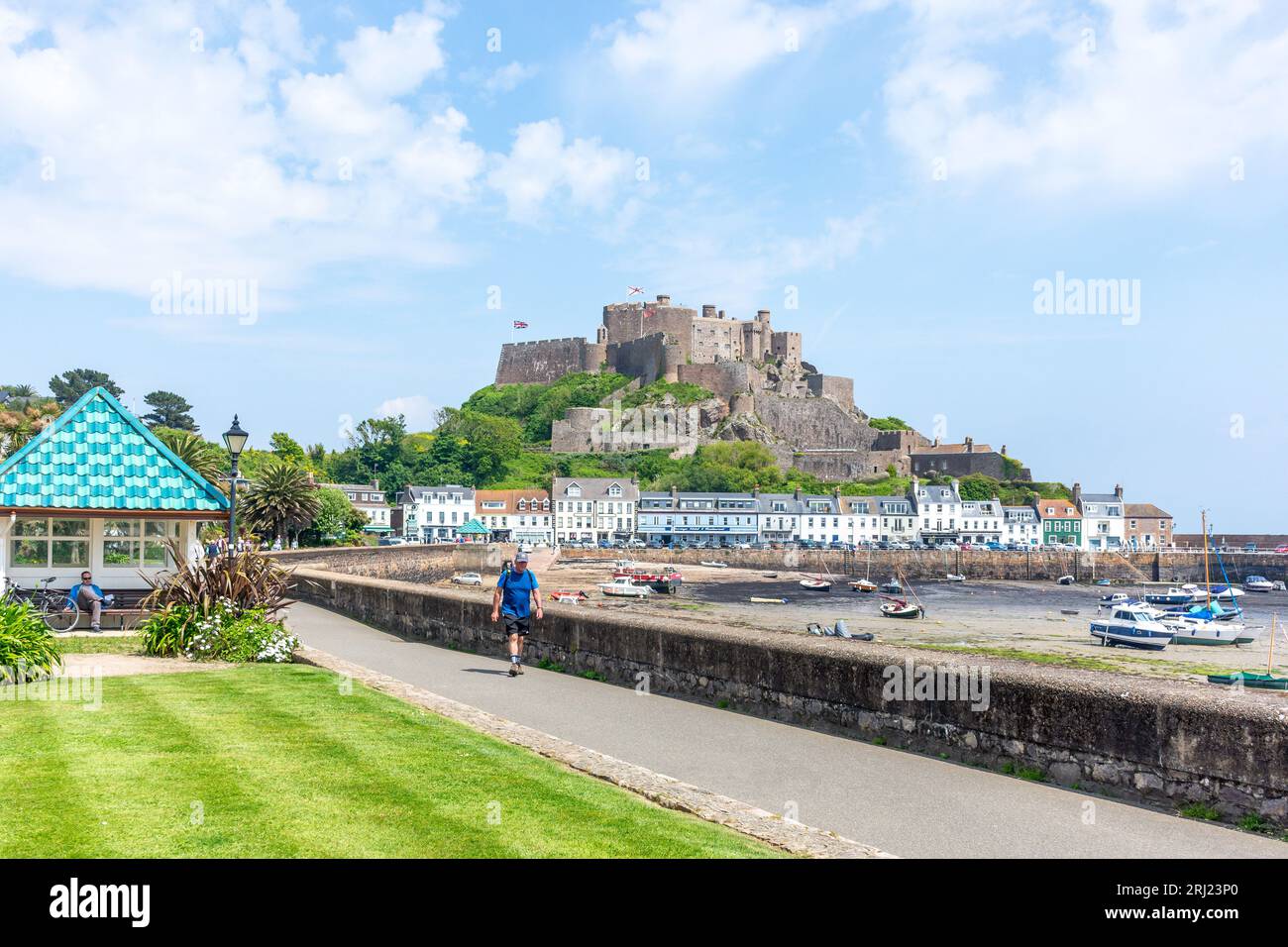 13th century Mount Orgueil Castle across Gorey Harbour, Gorey, Saint ...